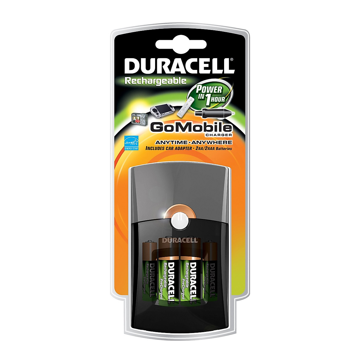Duracell Go Mobile Charger/Rechargeable/Includes Car Adaptor & 2 AA/ 2 AAA Precharged, Rechargeable Batteries