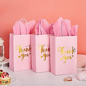 DjinnGlory 50 Pack Small Pink & Gold Foil Thank You Paper Gift Bags with Handles 9''x5.5''x3.15'' and 50 Tissue Paper for Mother's Day Wedding Bridal Baby Shower Birthday Princess Party Supplies