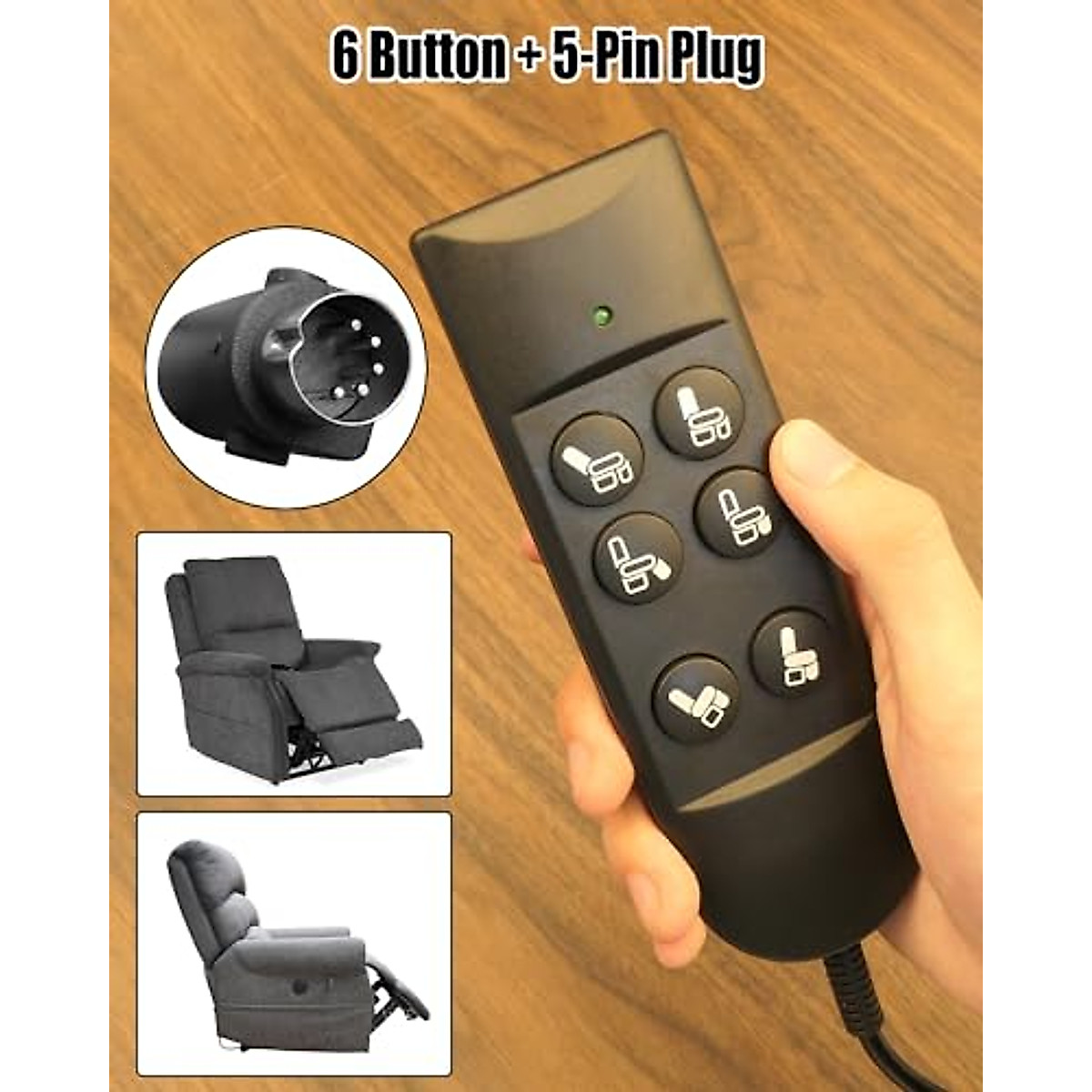 6 Button Power Lift Chair Remote Replacement with 5-Pin Plug Extension Cable, Home Recliner Hand Control Fit for Okin Golden Catnapper Dewert Limoss Power Lift Recliner Chair, (Not Fit for Lazyboy)