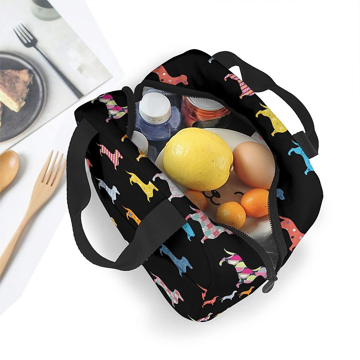 Groamaup Insulated Lunch Bag Black Cartoon Dachshund Puppy Dog Reusable Cooler Tote Lunch Bags For Office Travel