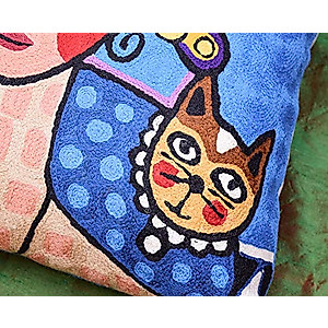 Kashmir Designs Bella Senorita Throw Pillow Cover | Mexican Art Pillow Hand Embroidered | Parrot Pillows | Blue Cat Pillow | Mexican Art Suzani Accent Pillow | Blue Couch Cushions | Wool Size - 18x18