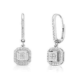 NATALIA DRAKE Square Drop Dangle Leverback Bridal 1/5 Cttw Diamond Earrings for Women in Rhodium Plated 925 Sterling Silver