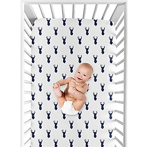 Sweet Jojo Designs Woodland Deer Boy Jersey Stretch Knit Baby Fitted Crib Sheet for Soft Toddler Bed Nursery - Navy Blue and White Forest Animal Stag Antler