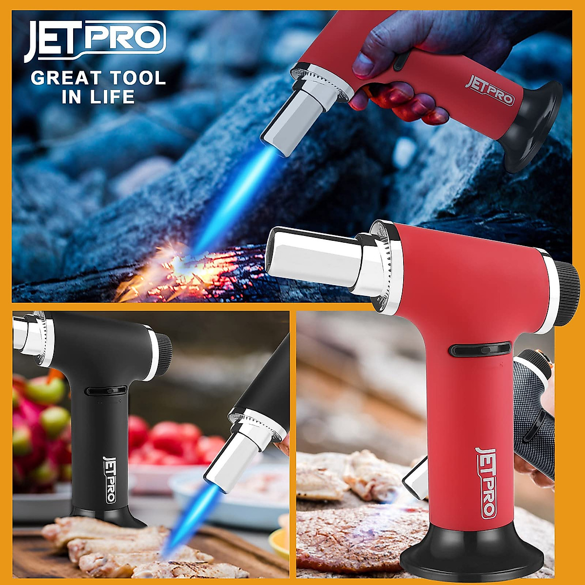 JETPRO Butane Torch Lighter One-hand Operation Kitchen Cooking Torch with Adjustable Flame for BBQ, Baking, Cream (Butane Gas Not Included) (red)