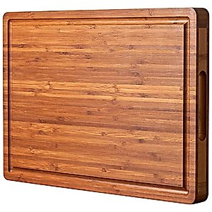 Large Wood Cutting Board for Kitchen, 1” Thick Bamboo Cheese Charcuterie Board, Butcher Chopping Block, with Juice Grooves and Handles