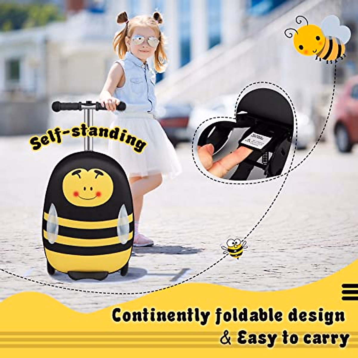 HONEY JOY Kids Scooter Suitcase, 18” Children Carry on Scooter Luggage w/Light-up LED Wheels, Waterproof Shell & Retractable Handle, Lightweight Foldable Ride on Suitcase