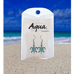 Puzzled Green Sea Turtle Sparkling Earrings - Cute Silver Fish Hook Dangle Earrings Plated in Silver Color with Zinc Alloy Dangling Charm Sparkly Pendant, Elegant Silver Earrings