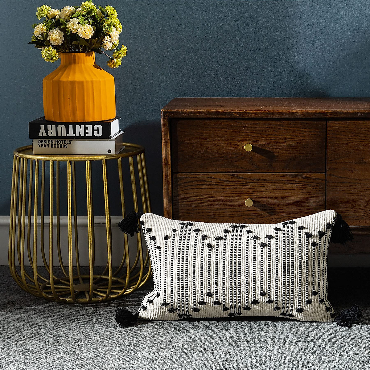 LIGICKY Boho Lumbar Pillow Covers Decorative Woven Tassel Throw Pillows Rectangle Pillow Sham Black and Off White Pillowcase for Couch Sofa Bed Car 12x20 Inch