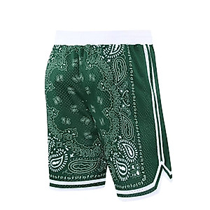 BOOMLEMON Men's Basketball Shorts Workout Athletic Paisley Shorts Mesh Print Running Short Pants(Green XS)