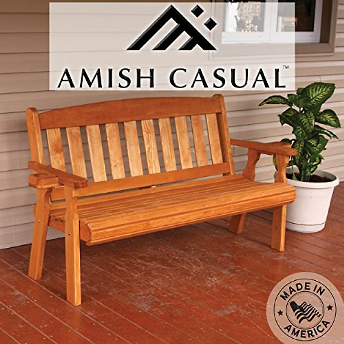 Amish Heavy Duty 800 Lb Mission Pressure Treated Garden Bench with Cupholders (5 Foot, Cedar Stain)