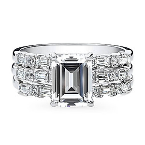 BERRICLE Sterling Silver Solitaire Wedding Engagement Rings 2.1 Carat Emerald Cut Cubic Zirconia CZ Art Deco Ring Set for Women, Rhodium Plated Size 9