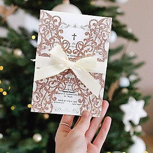 KALOPEZY 50PCS Wedding Invitation,Rose Gold invitations,Gold Powder Floral Laser Cut with Blank Inner Sheet, Envelopes and Ribbons for Party Wedding Engagement Bridal Bridal Shower Invite (Rose Gold)