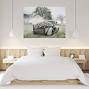 Fine Art Canvas Sage Green Truck with Blush Petunias Canvas Print by Artist Lori Deiter for Living Room, Bedroom, Bathroom, Kitchen, Office, Bar, Dining & Guest Room - Ready to Hang - 32 in x 24 in (W x H)