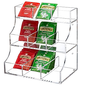 MyGift 3 Tier Premium Clear Acrylic Modern Tea Bag Organizer Holder for Countertops, Wall Mountable Teabag Storage Rack for Kitchen, Coffee Station