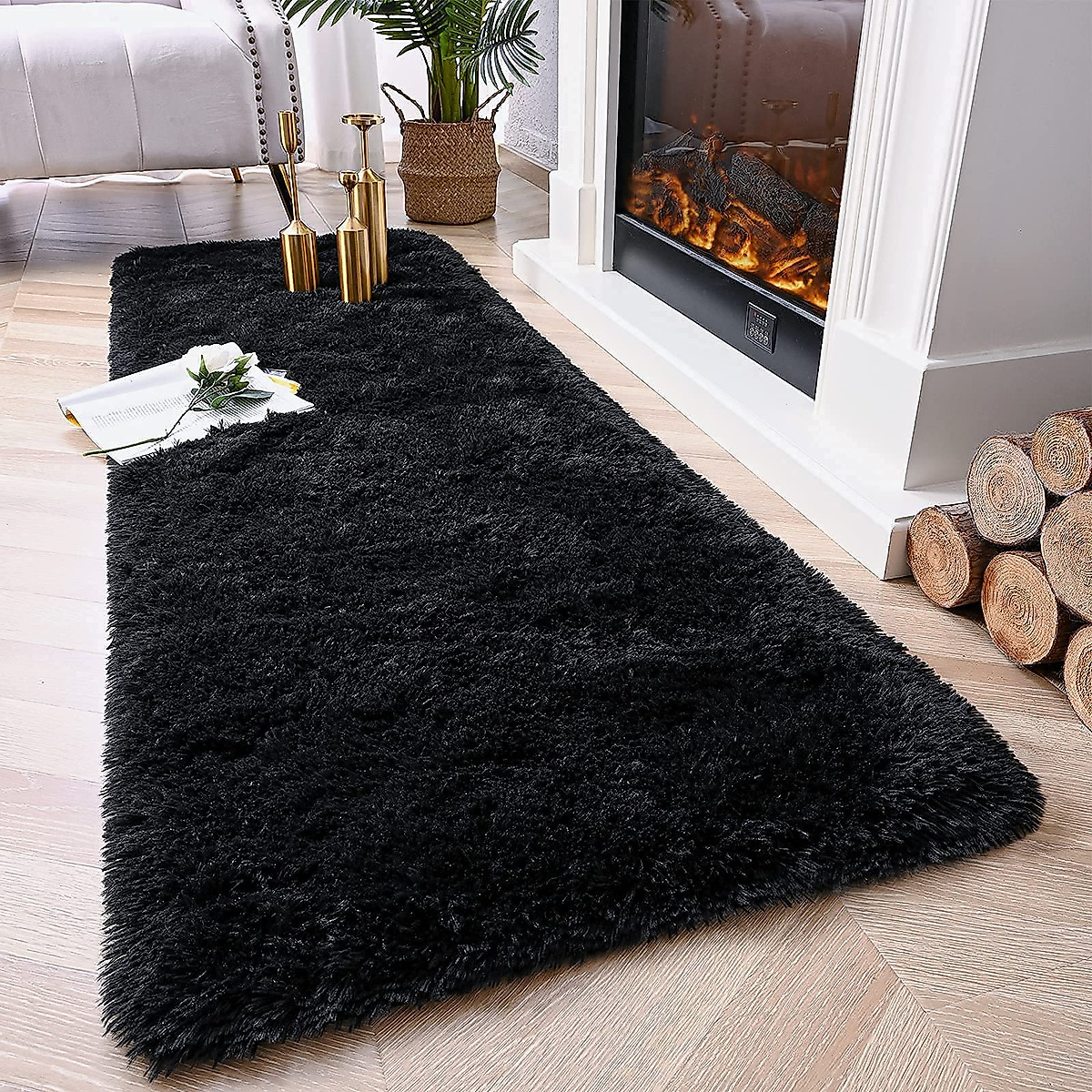 Chicrug Soft Runner Rugs for Bedroom Living Room Plush Fluffy Rug 2x6 Feet, Shag Furry Area Rug Carpet Non Shedding for Nursery Children Kids Girls Room Home Decorative, Black