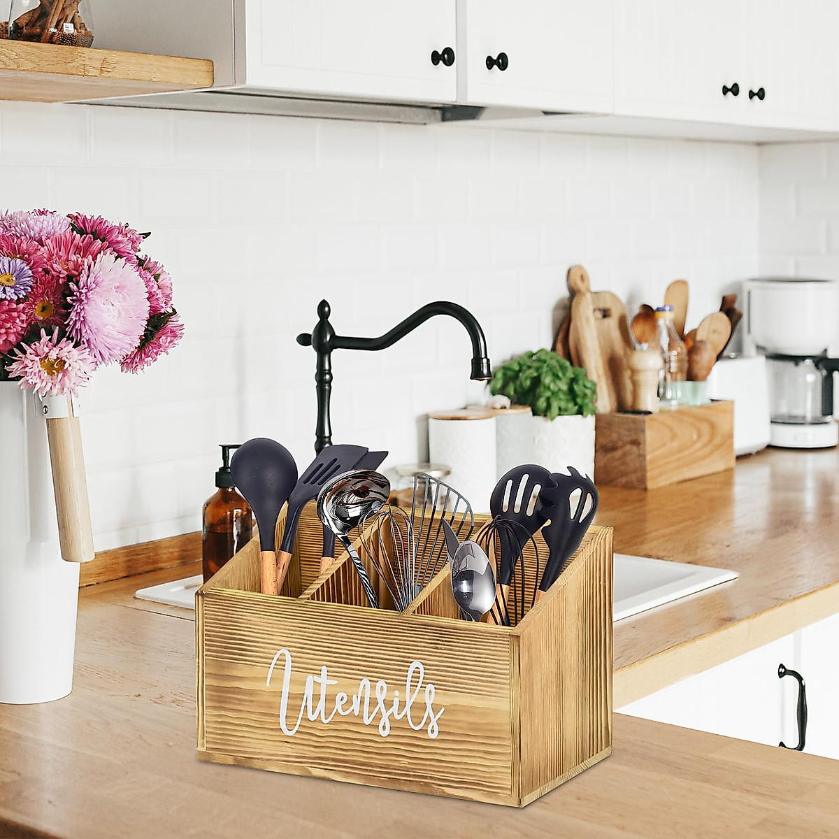 LADESIGGN Kitchen Utensil Holder with 3 Compartments, Farmhouse Kitchen Decor Utensil Holder, Cooking Tools Silverware Caddy, Kitchen Countertop Utensil Holder for Silverware Fork Spoon Spatula