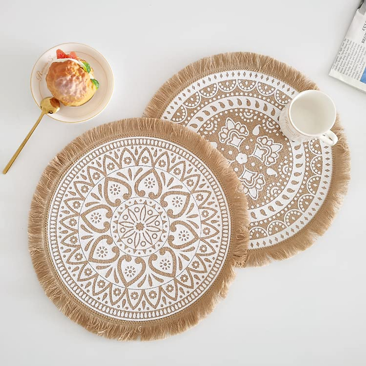 GorinsKani 2 Pieces of Cotton Thread Embroidery Table mat Jute Table mat Decoration mat Round Tassel Side Table mat Heat Insulation mat Anti-Slip Kitchen mat Home Decoration (Tassel Style E)