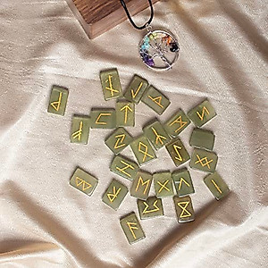 BEZAVO Green Jade Rune Stones with Pendant Silver Ring, 25 pcs Rune Stone with Engraved Elder Futhark Chakra Runes Crystal Set, Viking, Divine Meditation Witchcraft Reiki Supplies Gift for Home Decor