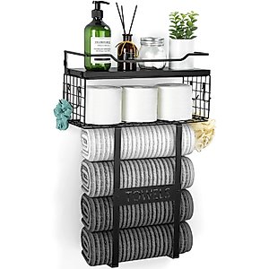 Towel Racks for Bathroom Wall Mounted - Bath Wall Towel Storage Holder Set Above Toilet, Rolled Towel Shelf Organizer for Small Bathroom Black, Wood Vertical Towel Rack for Bathroom Wall Decor