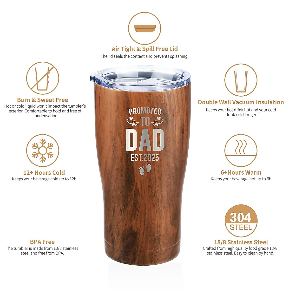NUI LIVING Promoted to Dad Est 2025 Tumbler - New Dad Gifts Ideas - First Time Dad - Dad to Be - Daddy w/Newborn - Dads to be Present - Expecting Father Presents (Wood)