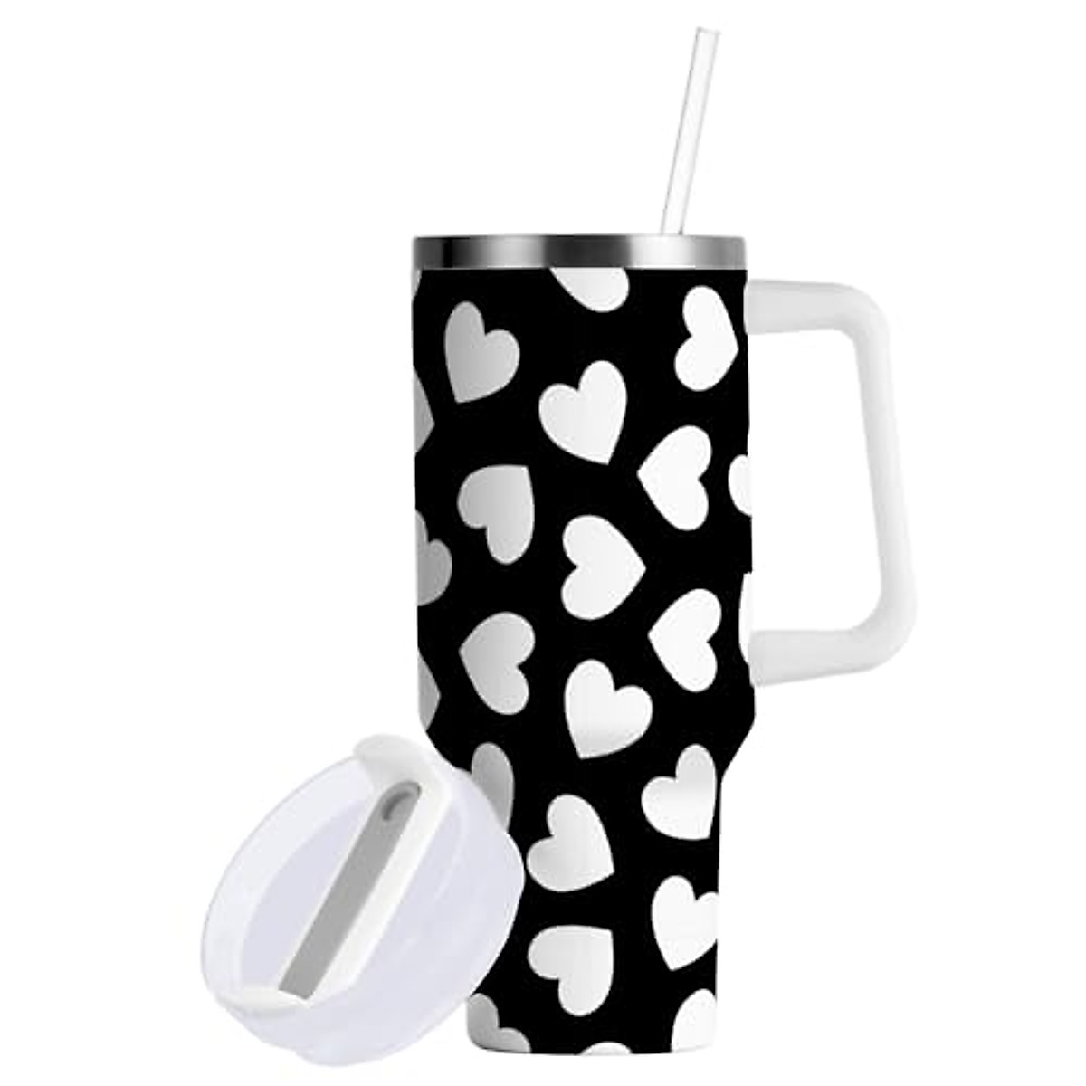 MCHIVER Heart Black 40 oz Tumbler with Handle and Straw Stainless Steel Vacuum Water Bottle Leak-proof Travel Coffee Mug Thermos Water Bottle for Iced Tea Coffee
