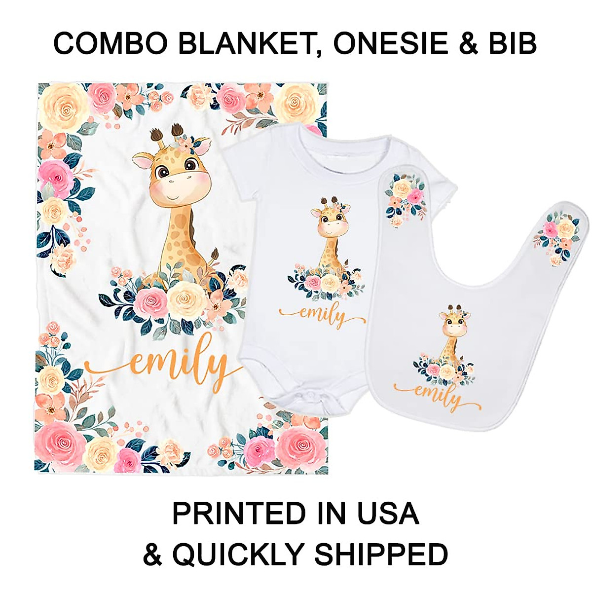 Zoey Art Personalized Baby Blanket, Custom Name Blanket, Mink Sherpa Blanket, Fleece Blanket with Animal Floral for Girls, 30 x 40 Inch Safari Animals Nursery Blanket (Giraffe Yellow)