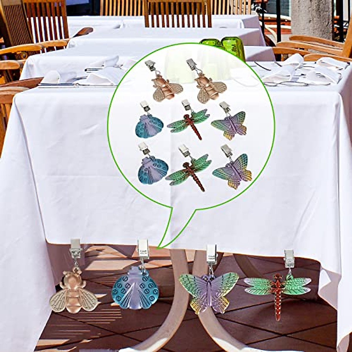 8 Pack Vintage Tablecloth Weights on Clip Hangers,Cast Iron Butterfly Dragonfly Ladybug Tablecloth Pendant for Outdoor Garden Party Picnic Table Covers
