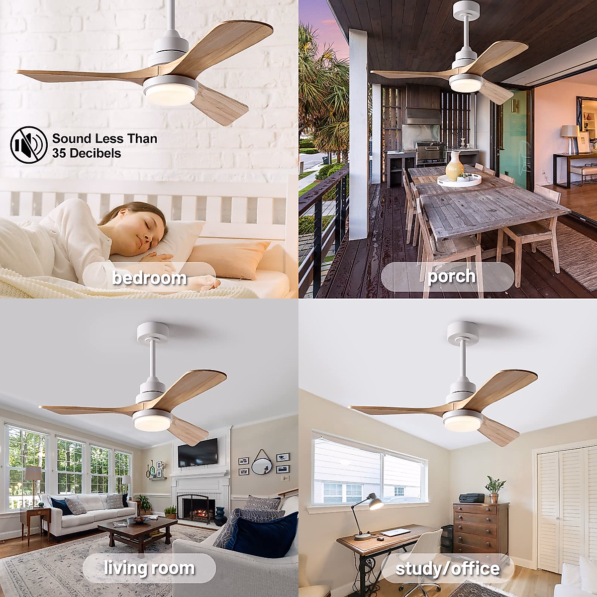 FXZZ 42" Wood Ceiling Fans with Lights and Remote, Quiet Reversible DC Motor and 3 Color LED Light, 3 Blades 6 Speed Ceiling Fan for Farmhouse Living Room Bedroom Dining Room Workroom Study