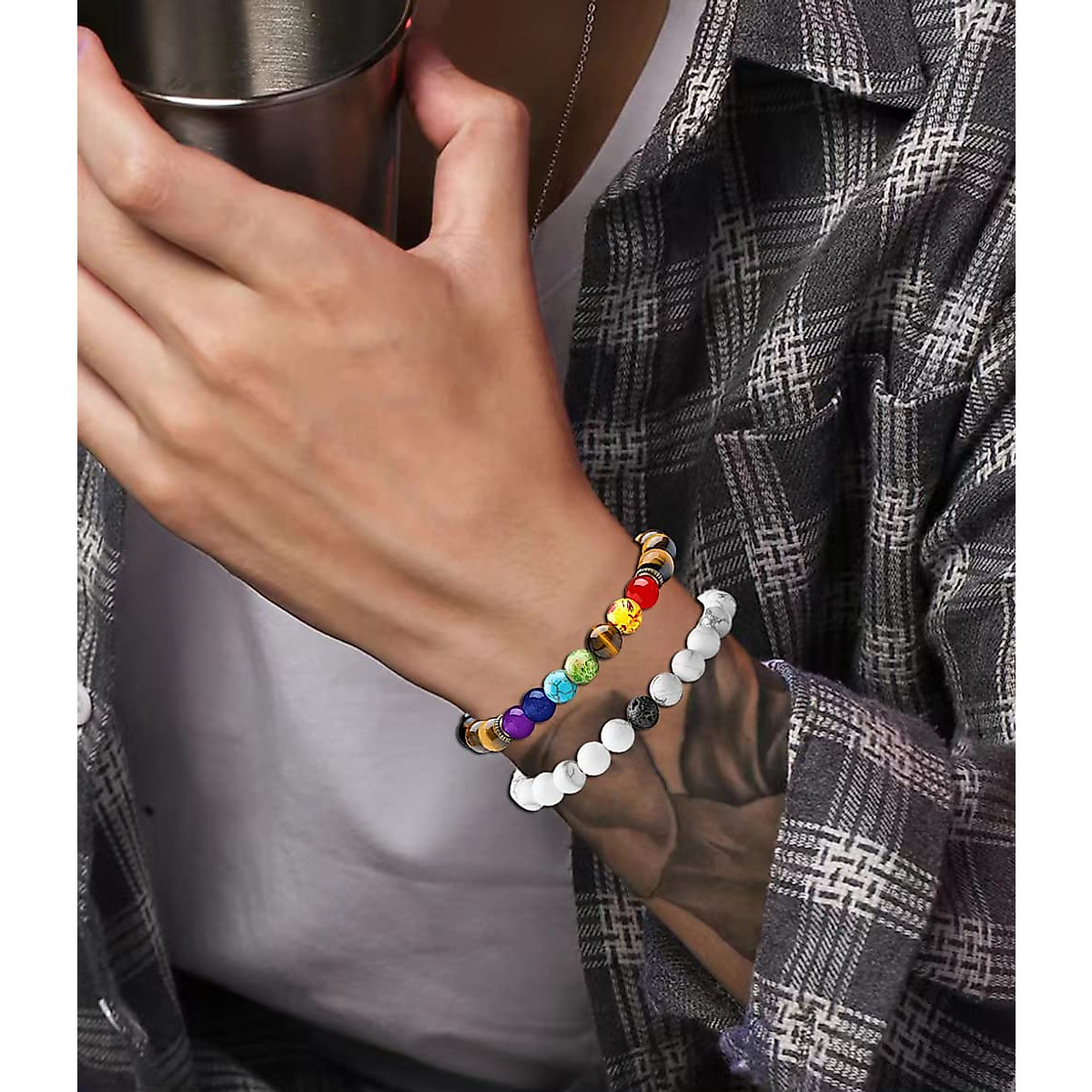 FIRAZIO 14Pcs Black Lava Stone 7 Chakra Bracelets 8mm Yinyang Rock Bead Elastic Bracelet Crystals Stones Bracelets Yoga Beaded Bracelets Essential Oil Diffuser for Men Women Jewelry