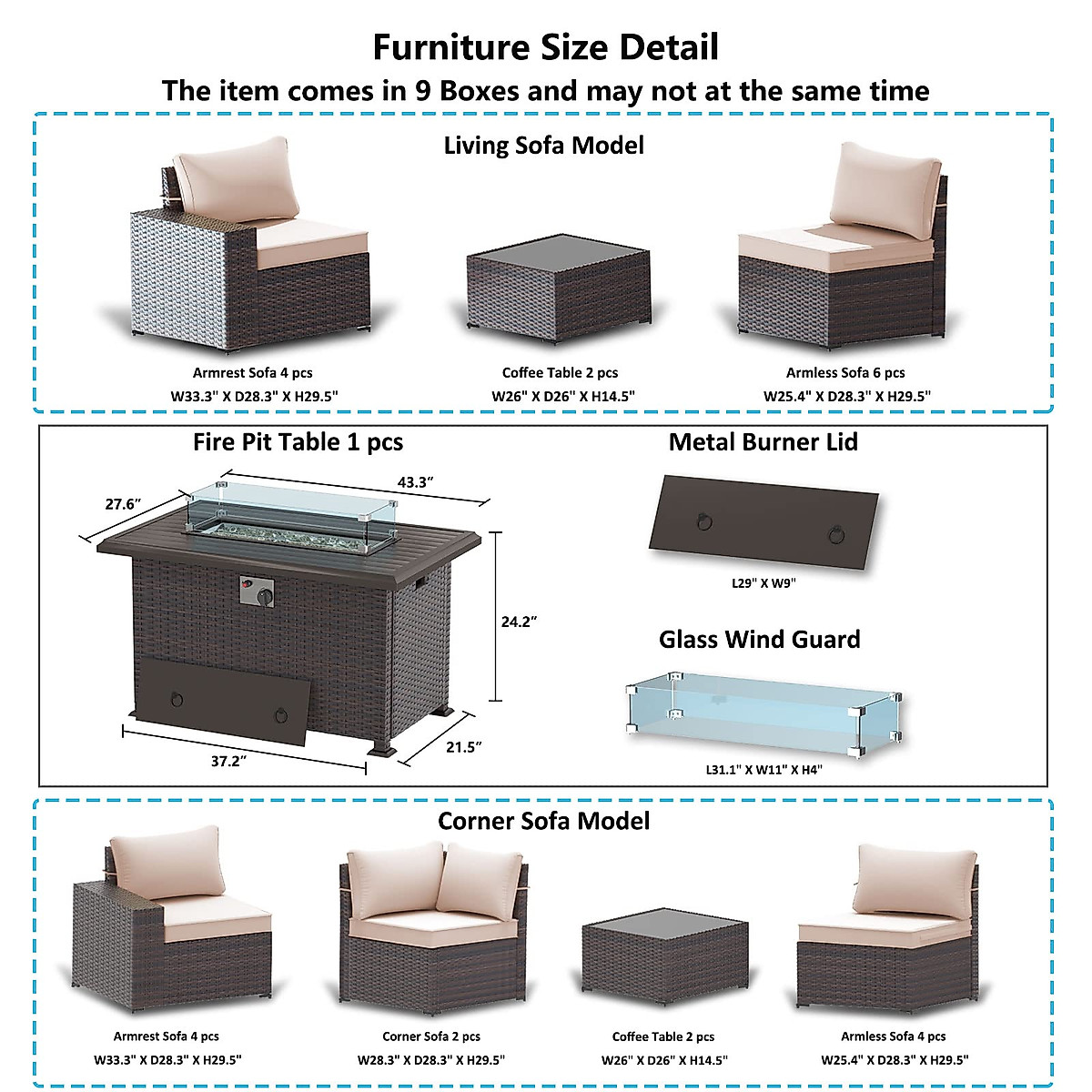 ASJMR Outdoor Patio Furniture Set with Gas Fire Pit Table, 13 Pieces Outdoor Furniture Set Patio Sectional Sofa w/43in Propane Fire Pit, PE Wicker Rattan Patio Conversation Sets (Sand)