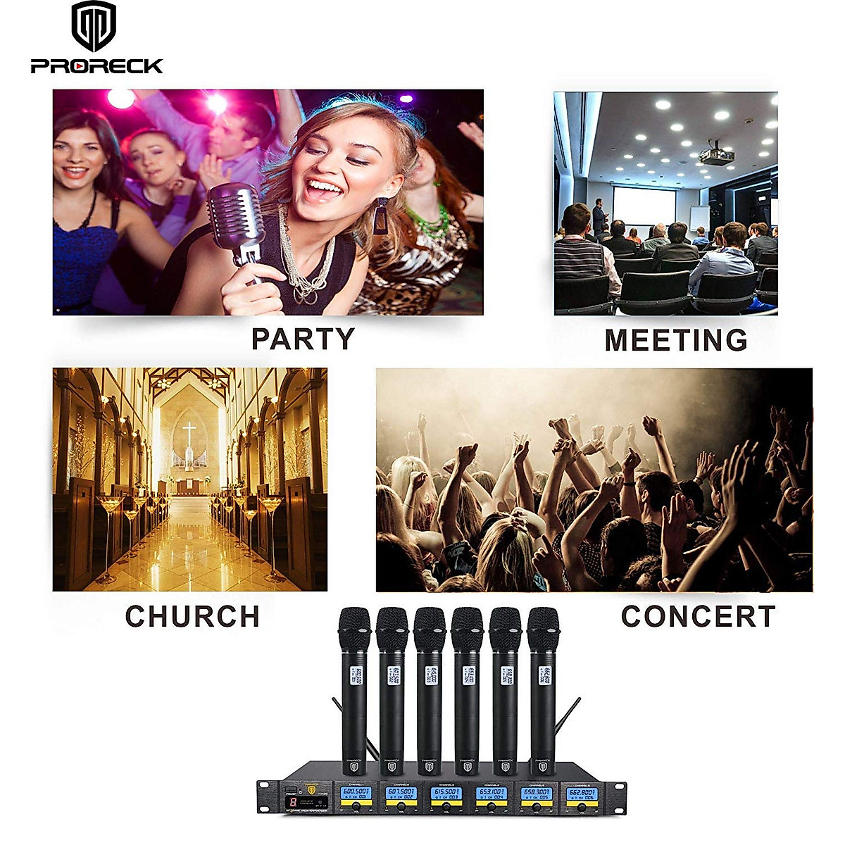 PRORECK MX66 6-Channel UHF Wireless Microphone System with 6 Hand-held Microphones Karaoke Machine for Party/Wedding/Church/Conference/Speech