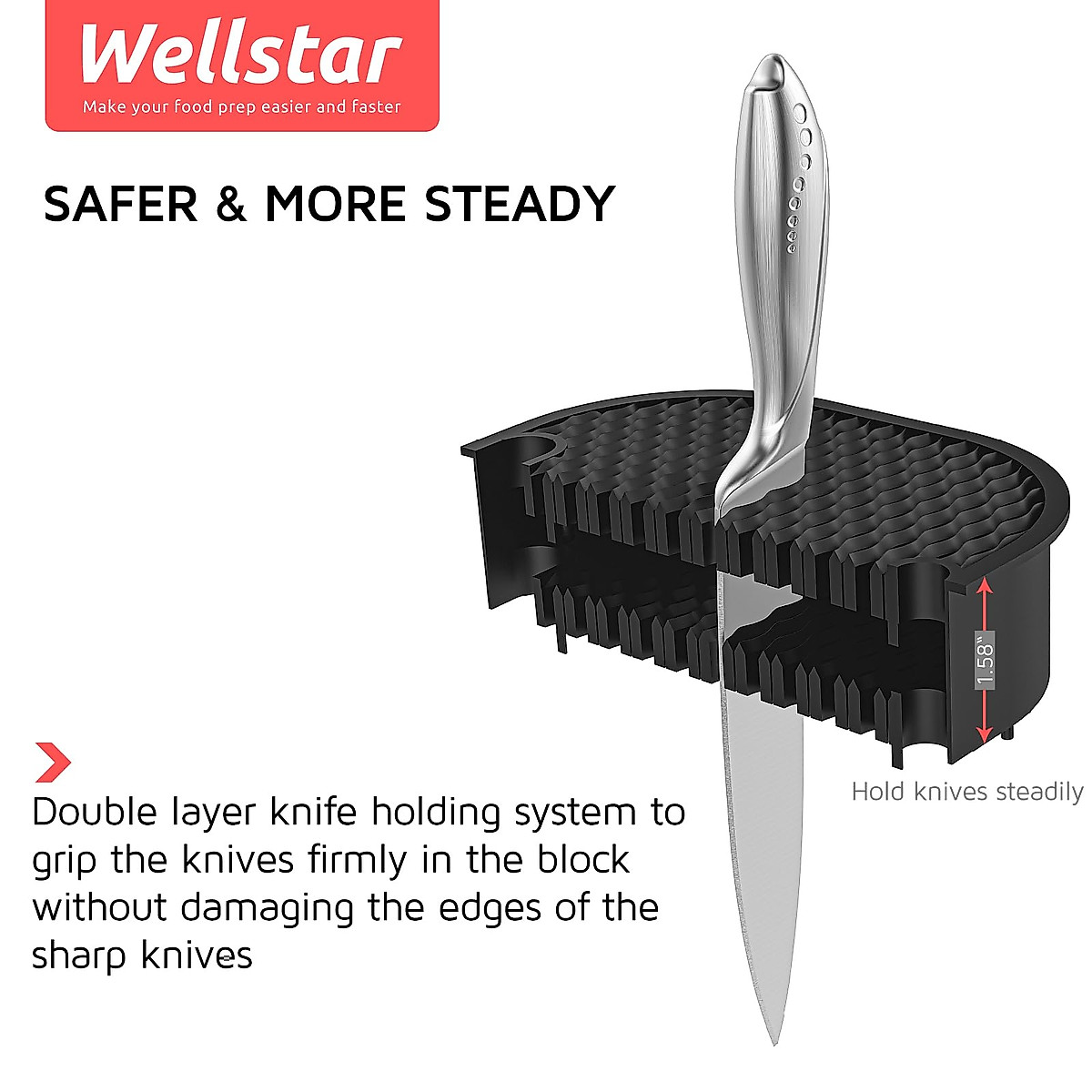 Universal Knife Block for Kitchen, WELLSTAR Knife Holder without Knives, Safe Space Saver Large Volume Stable Knife Storage with Scissors and Sharpening Rod Slot, Detachable for Easy Cleaning - Black