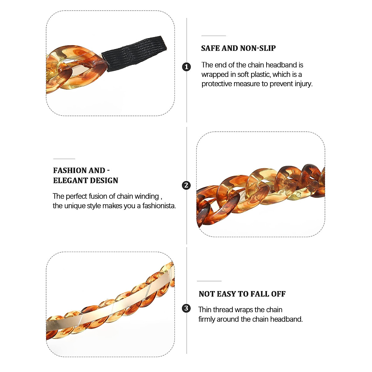 AWAYTR Hairband, 3PCS Chained Reactions Headband for Women Girls - Resin-Gold/Resin-Silver/Resin-Amber