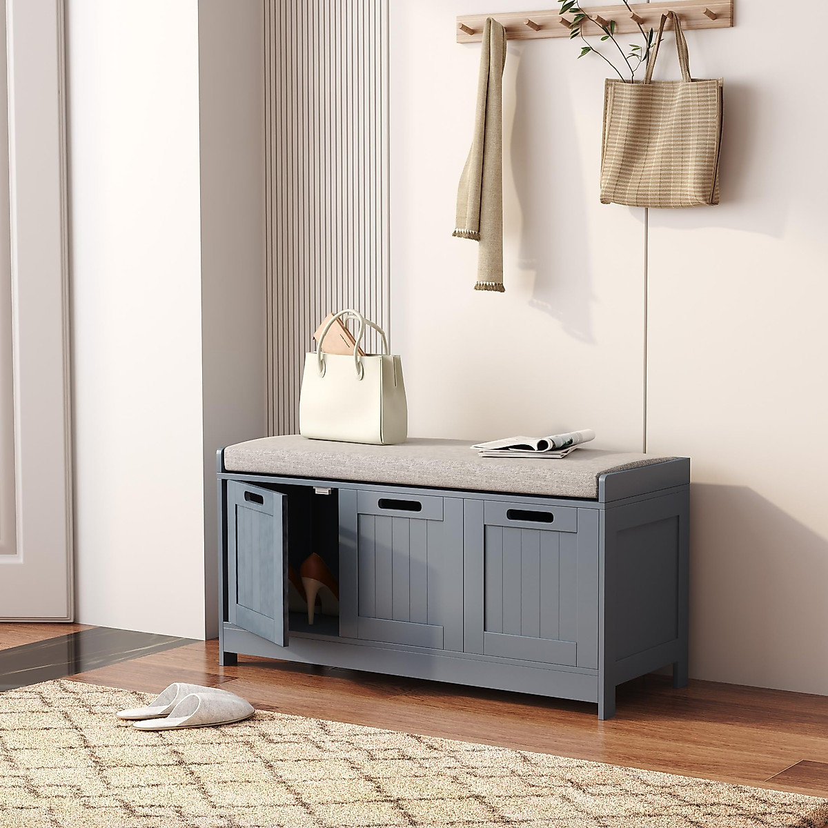HOMEFORT Shoe Storage Bench, Wooden Shoe Bench with 3-Door Cabinets, Entry Way Home Organizer Bench, Entryway Bench with Padded Cushion Seat, Grey Storage Bench for Bedroom.