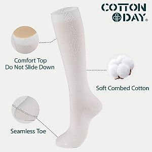 COTTON DAY 3 Pack Kids Girls Soft Knee High School Uniform Dress Socks Seamless Toe 4-6 Years White S (6)