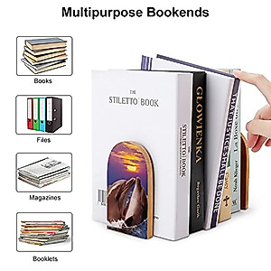 Exquisite Printed Bookends,Funny Dolphin Ocean Sea Sky Heavy Duty Wood + Metal Book Ends Supports Desktop Books Organizer Book Cds Storage for Office School Library Home