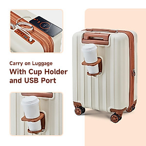 imiomo Carry on Luggage 18 Inch Suitcases with Wheels, Expandable Carry on Suitcase with USB Port and Cup Holder, Hardside Travel Luggage Set with TSA Lock, White Brown