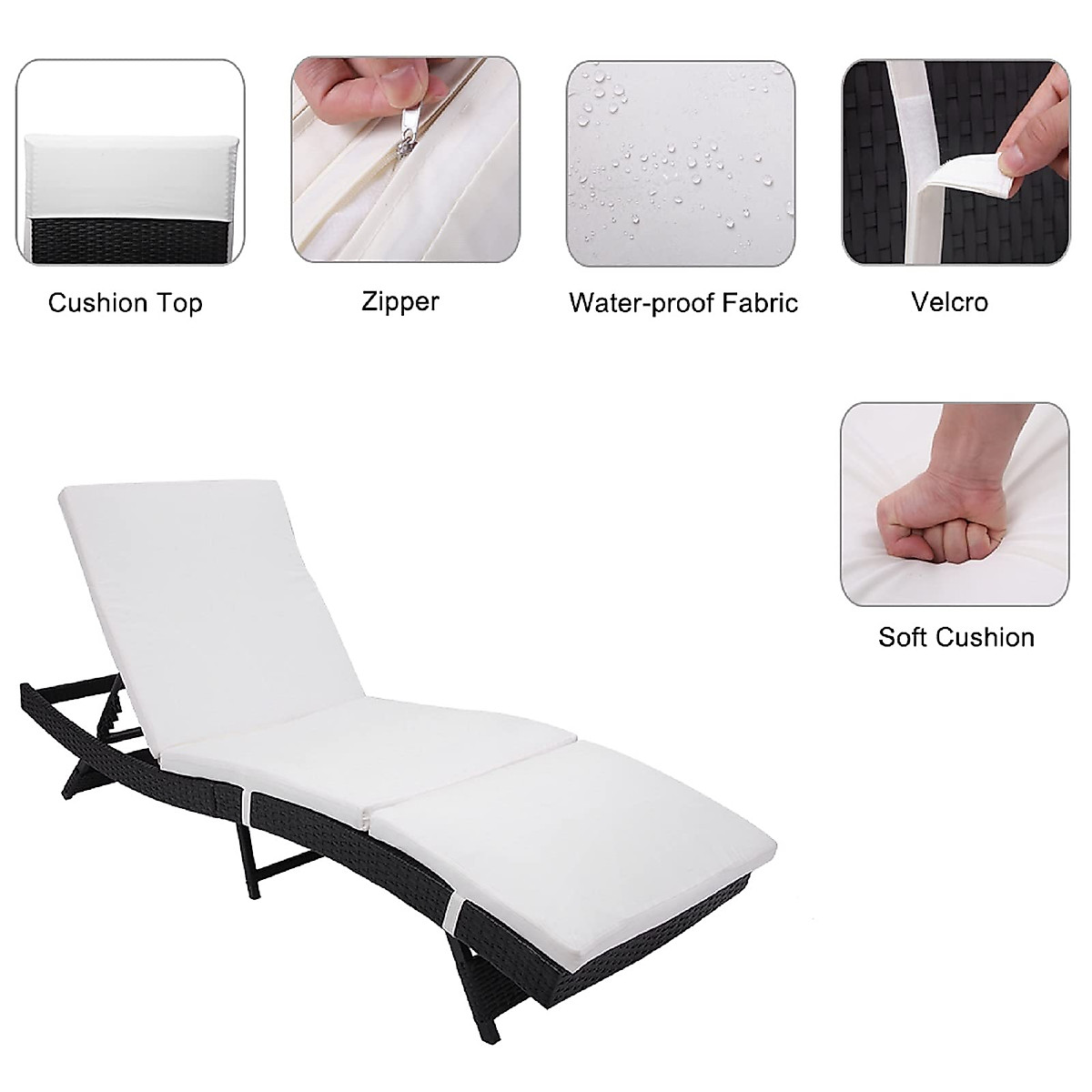 fuhan Outdoor Adjustable Pool Chaise Lounge Chair PE Rattan Wicker Patio Leisure Lounge Chair with Cushion for Beach Garden Backyard 195 * 68 * 33 cm Black Frame