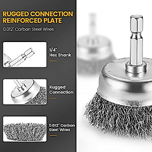 TILAX Wire Brush Wheel Cup Brush Set 6 Piece, Wire Brush for Drill 1/4 Inch Hex Shank Arbor 0.012 Inch Coarse Carbon Steel Crimped Wire Wheel for Drill Attachment, Rust Removal, Stripping and Abrasive