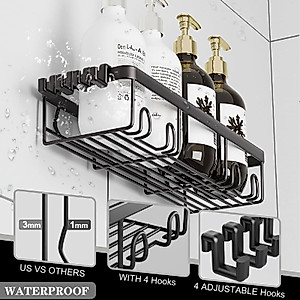 Posyla Shower Caddy, 5 Packs Shower Organizers with 3 Shower Shelves 2 Soap Dishes & 6 Hooks, Stainless Steel Wall Rack basket with Adhesives Mounted for Bathroom Toilet & Kitchen (Black)