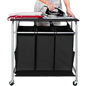 JINAMART 3 Section Laundry Sorter with Ironing board, Rolling Laundry Hamper cart, Removable Bag Sorter Basket with 4 side pockets, Laundry Organization Bins for Bedroom & Bathroom (Black)