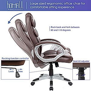 Homall Office Chair High Back Computer Chair Ergonomic Desk Chair, PU Leather Adjustable Height Modern Executive Swivel Task Chair with Padded Armrests and Lumbar Support (Brown)