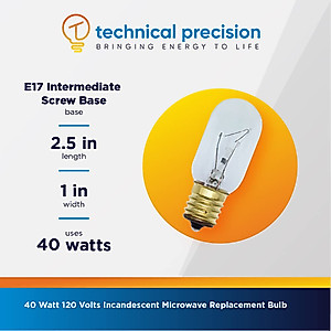40W 120V Replacement for Whirlpool 8206232A Bulb by Technical Precision - T8 Incandescent Microwave Replacement Bulbs - Replaces 125V 40W Appliance Bulb for Range Hood & Oven - E17 Screw Base - 2 Pack