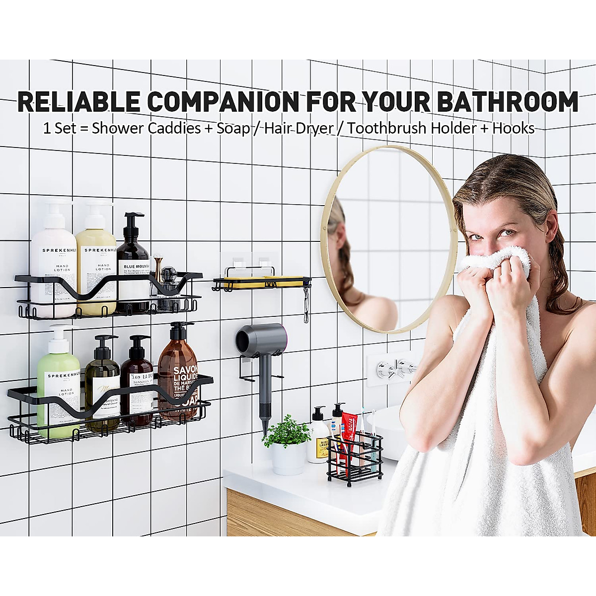 5 Pack Bathroom Shower Caddy Shelf Organizer, with Toothbrush/Soap Dishes/Hair Dryer Holder, No Drilling Wall Mount Adhesive Shelf for Inside Shower, SUS304 Storage Organizer Accessories (Black)