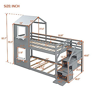 LOVMOR Twin Over Twin Bunk Bed with Storage Stairs,Wood Bed with Roof, Window, Guardrail, Ladder，Gray+White