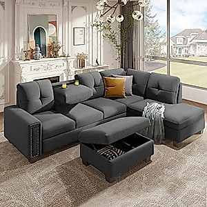 UBGO Living Room Furniture Sets,108" Reversible Sectional, L-shape Couch with Ottoman&Extra Wide Chaise Longue,Upholstered Modular Sofa with Two Cup Holders,for Large Space Apartments-Gray, Grey D