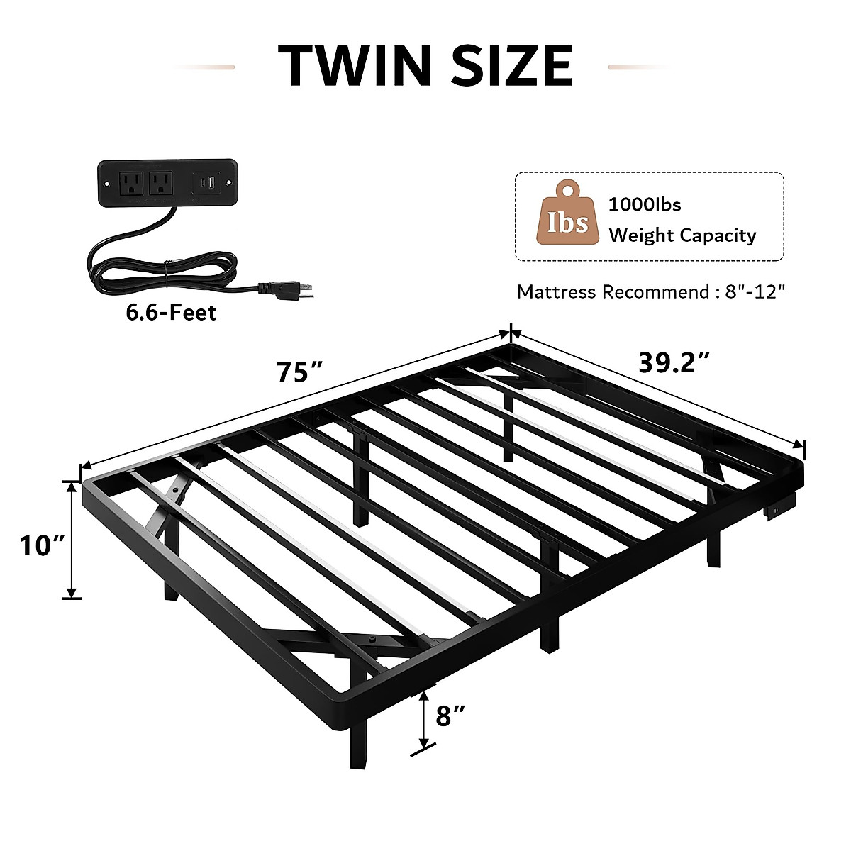 iPormis Twin Size Floating Bed Frame with Charging Station and Led Light, Metal Platform Bed Frame with Heavy Duty Steel Slats Support, No Box Spring Needed, Noise-Free, Easy Assembly, Black