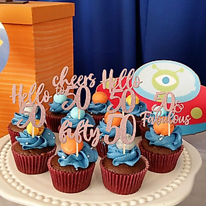 30PCS 50th Birthday Cupcake Toppers Glitter Fifty Hello 50 Cupcake Picks Cheers to 50 Fabulous Cake Decoration for Happy 50th Birthday Wedding Anniversary Party Decorations Supplies Rose Gold