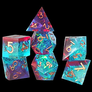 FOXBITE Sharp Dice 7 DND Dice Sets Polyhedral Teal Swirl Black with Sequins Inside with Gorgeous Box Case for DND Dungeons and Dragons (Teal Swirl Black with Sequins) (Fairies)