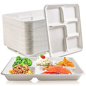Vmiapxo 50 Pack Natural Bagasse Fiber Paper Food Trays,10"x 8",5 Compartment Dinner Tray School Lunch Divided Paper Plates Holders Buffet Party Serving Supplies (White)